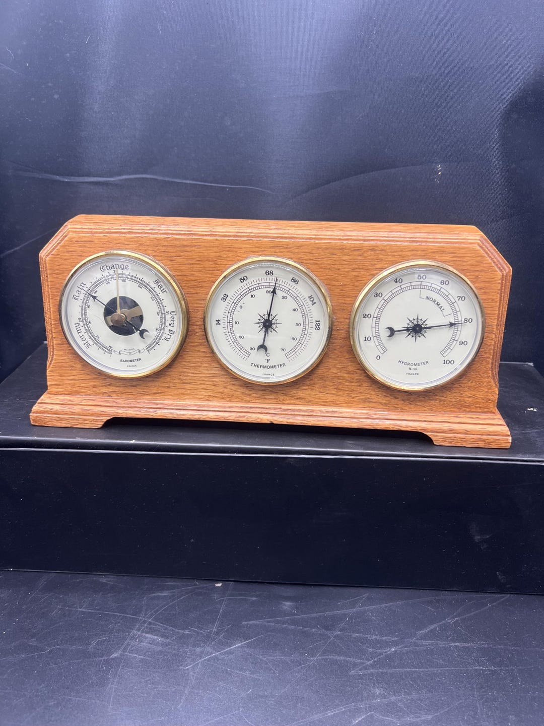 French Mid Century Wood Barometer and Thermometer, Solid Oak Base ...