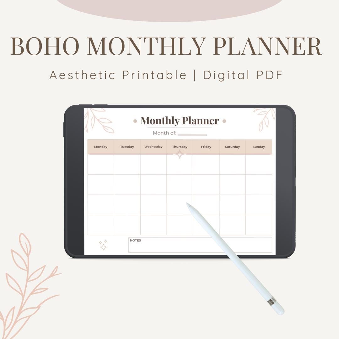 Boho Monthly Planner Printable | Minimalist Digital Calendar PDF | iPad ...