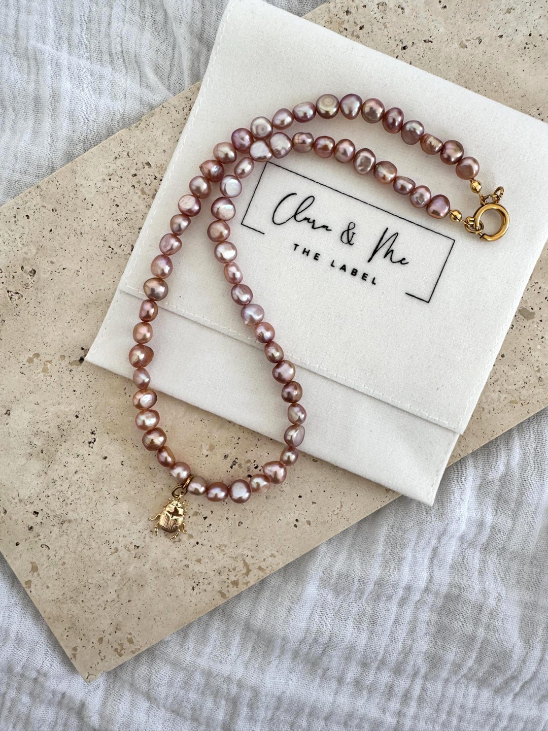 Freshwater Pearl Necklace With Scarab Pendant | Handmade Pink Pearl ...