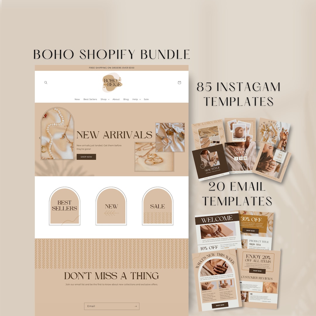 Boho Shopify Theme Template Bundle, Aesthetic Boutique Website, Canva ...