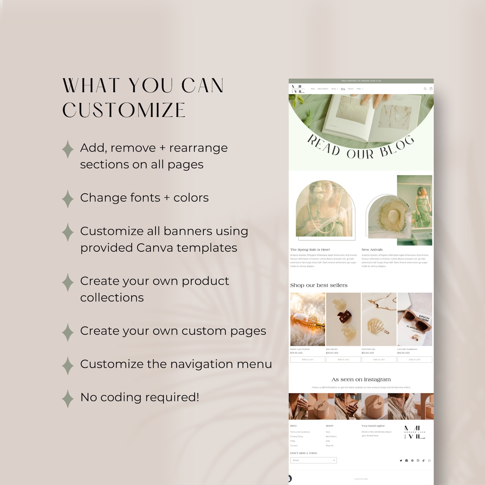 Shopify Theme Template, Green Aesthetic Shopify Boutique Website ...
