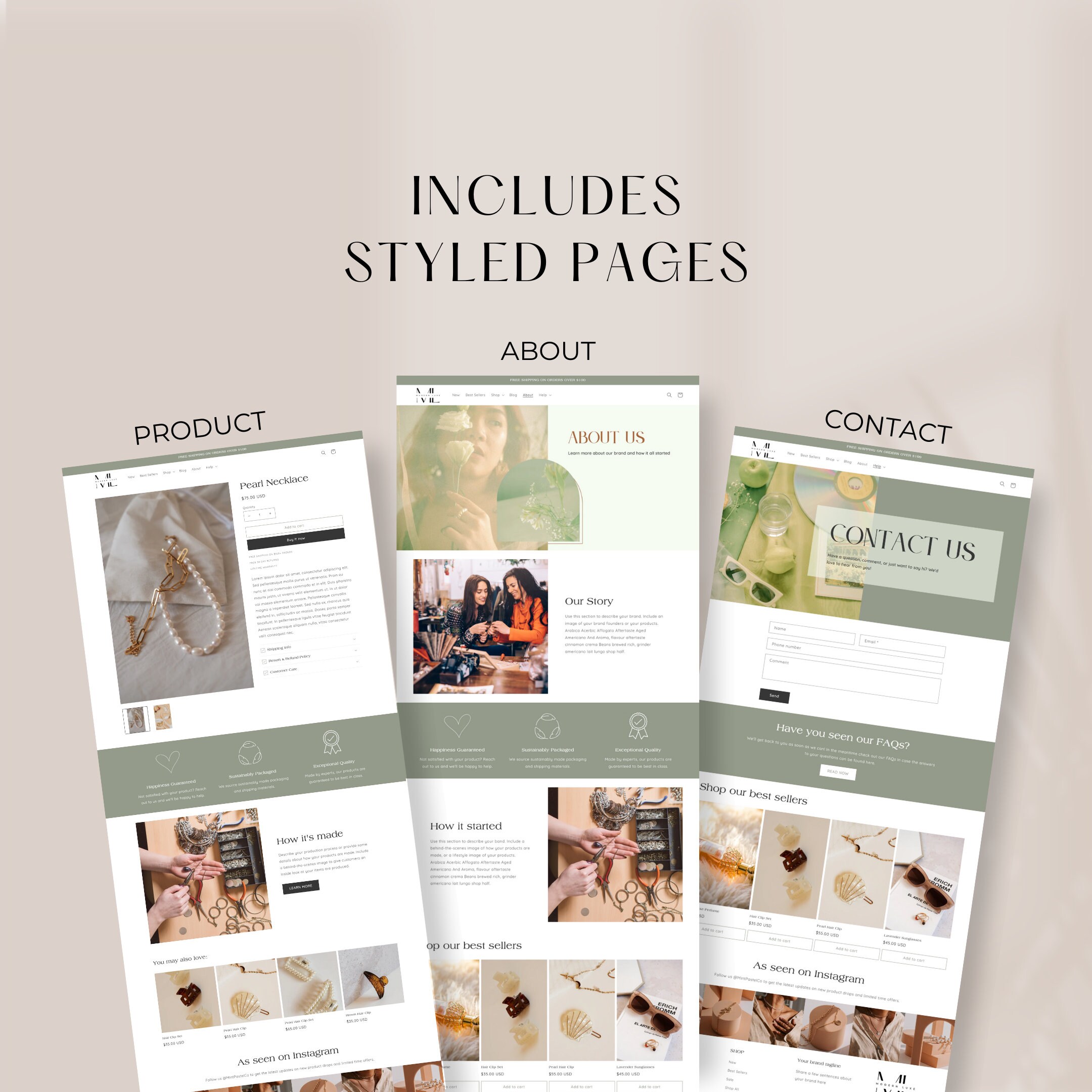 Shopify Theme Template, Green Aesthetic Shopify Boutique Website ...