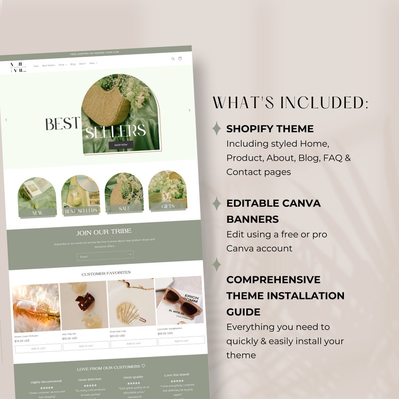 Shopify Theme Template, Green Aesthetic Shopify Boutique Website ...