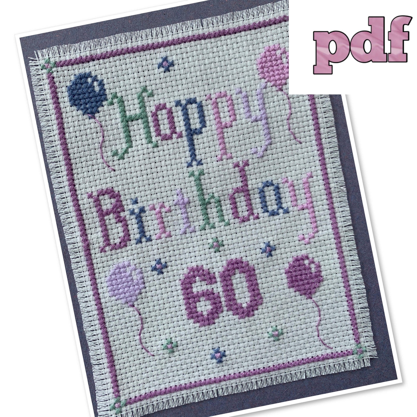 Cross Stitch Pattern - Happy Birthday - 60th - Lavender - Balloons ...