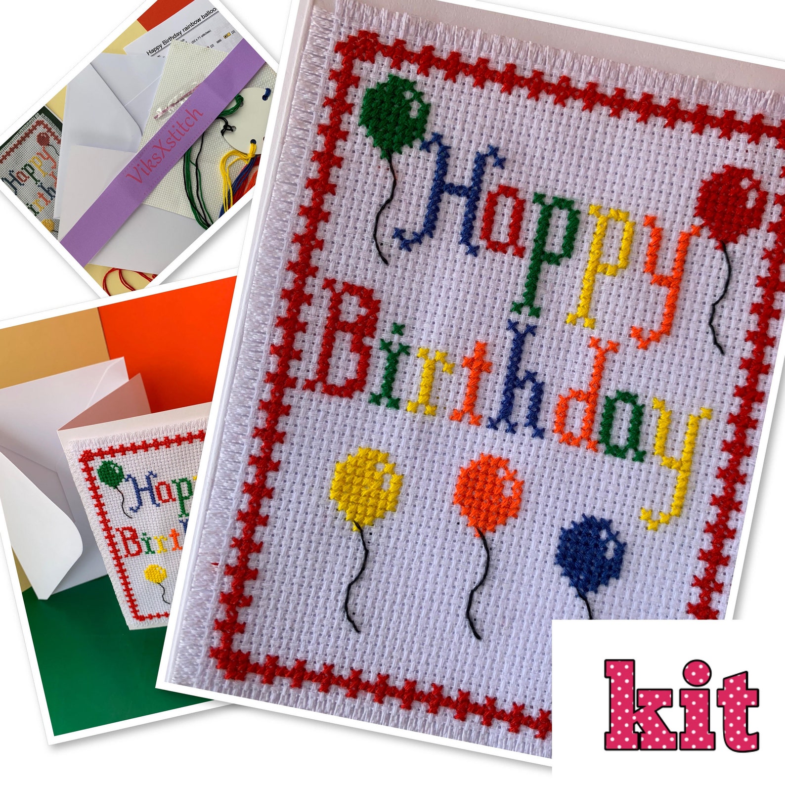 Cross Stitch Card Kit Happy Birthday Card Rainbow Balloons A6 Card ... Cross Stitch Card Kit Happy Birthday Card Rainbow Balloons A6 Card ...
