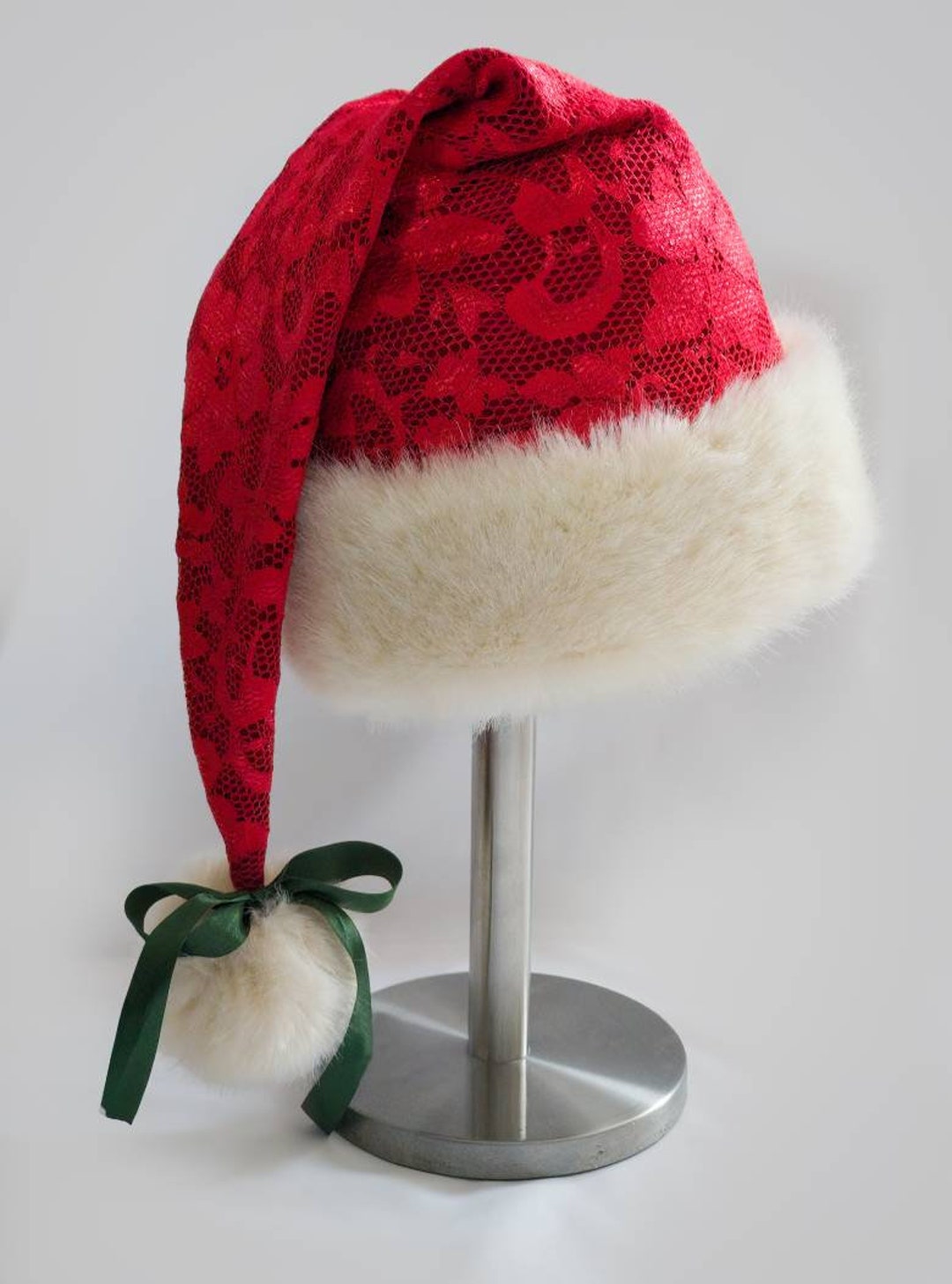 Custom Santa Hat With Red Lace Floral Pattern | White Foux Fur Trim ...