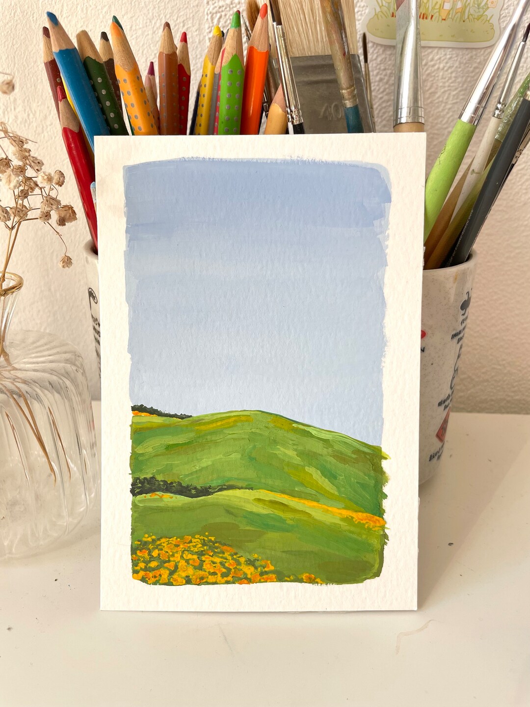 Landscape Original Painting Nature Artwork, Gouache Scenery Painting ...