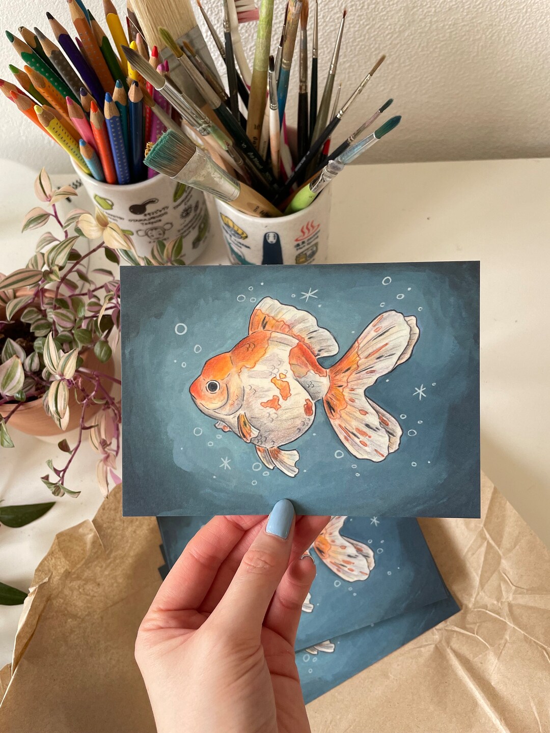 Goldfish Postcard – Cute A6 Fish Greeting Card, Marine Mini Art Print ...