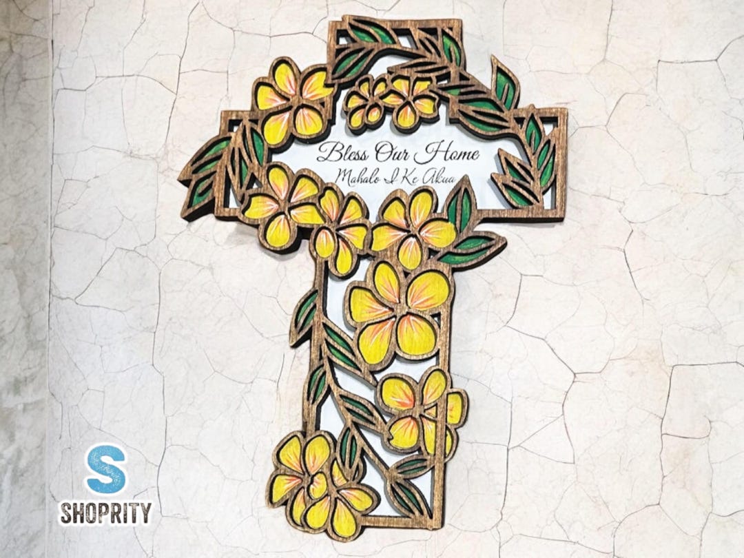 3D Puakenikeni Flower Wood Cross | Hawaiian Layered Cross | Mahalo I Ke ...