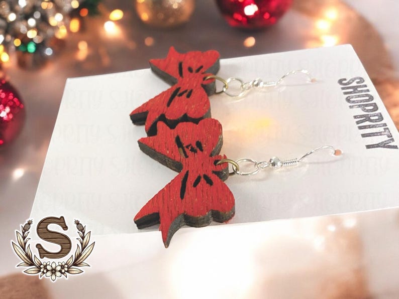 Hand-painted-wooden-holiday-red-bow-dangle Earring-light-weight-holiday ...