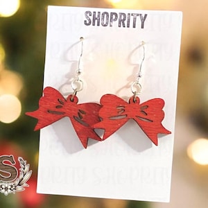 Hand-painted-wooden-holiday-red-bow-dangle Earring-light-weight-holiday ...