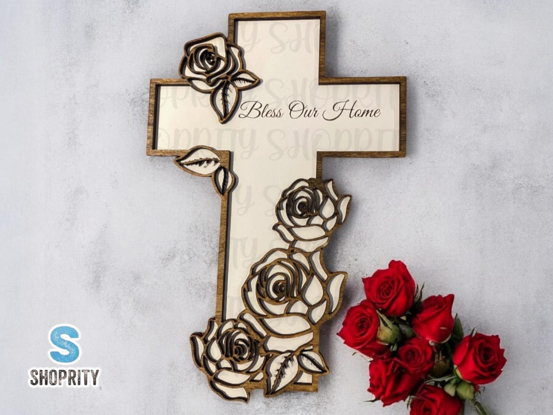 Bless Our Home Wooden Cross Overlay Frame|rose Cross|religious|roses ...