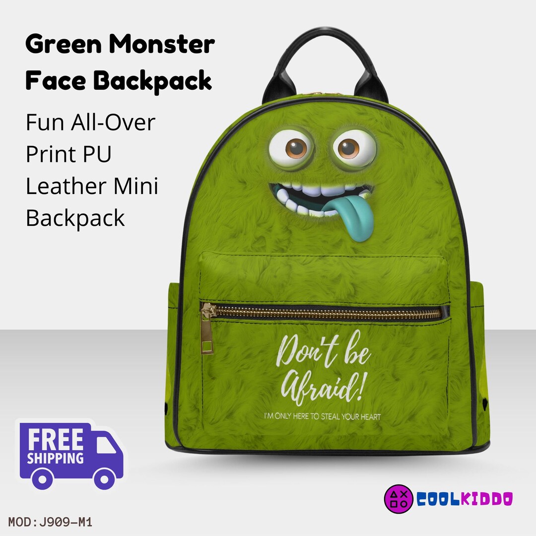 Green Monster Face Little Backpack Fun All-over Print Leather Street ...