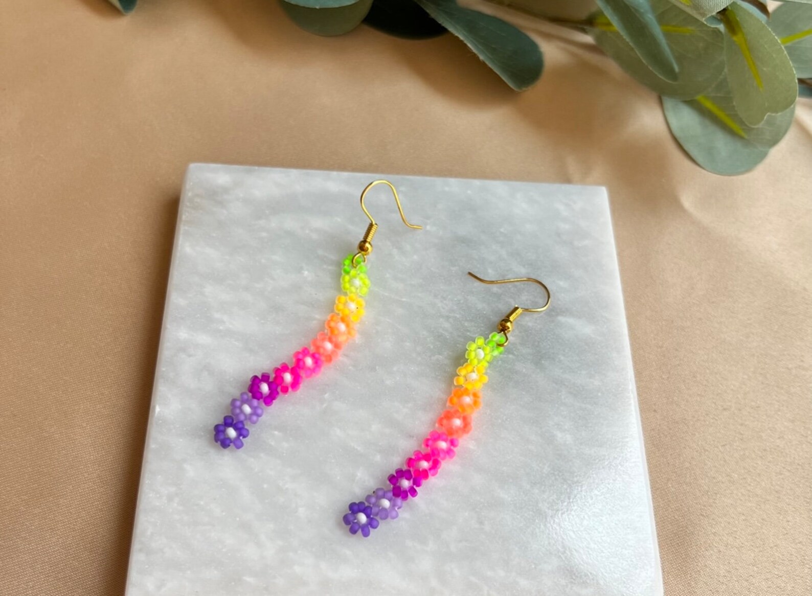 Matte Neon Beaded Dangle Earrings Flower Earrings Beaded Etsy