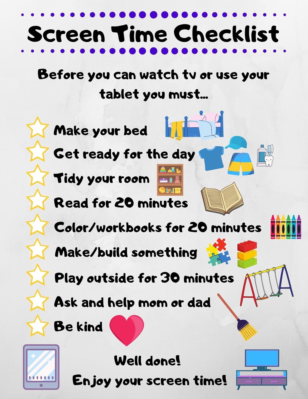 Custom Screen Time Checklist for Kids - Etsy