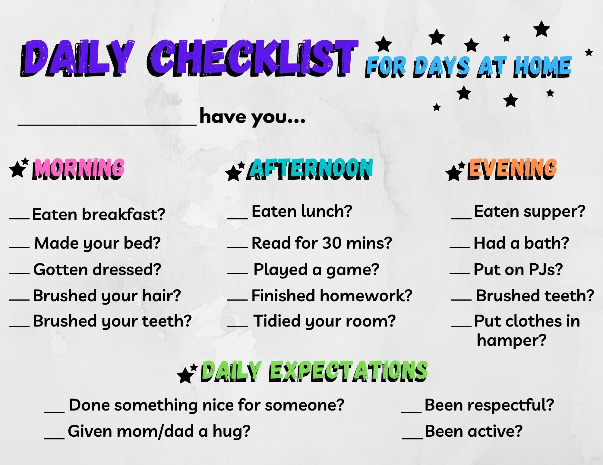 Checklist for Days at Home Routine Kids Children Printable Digital ...