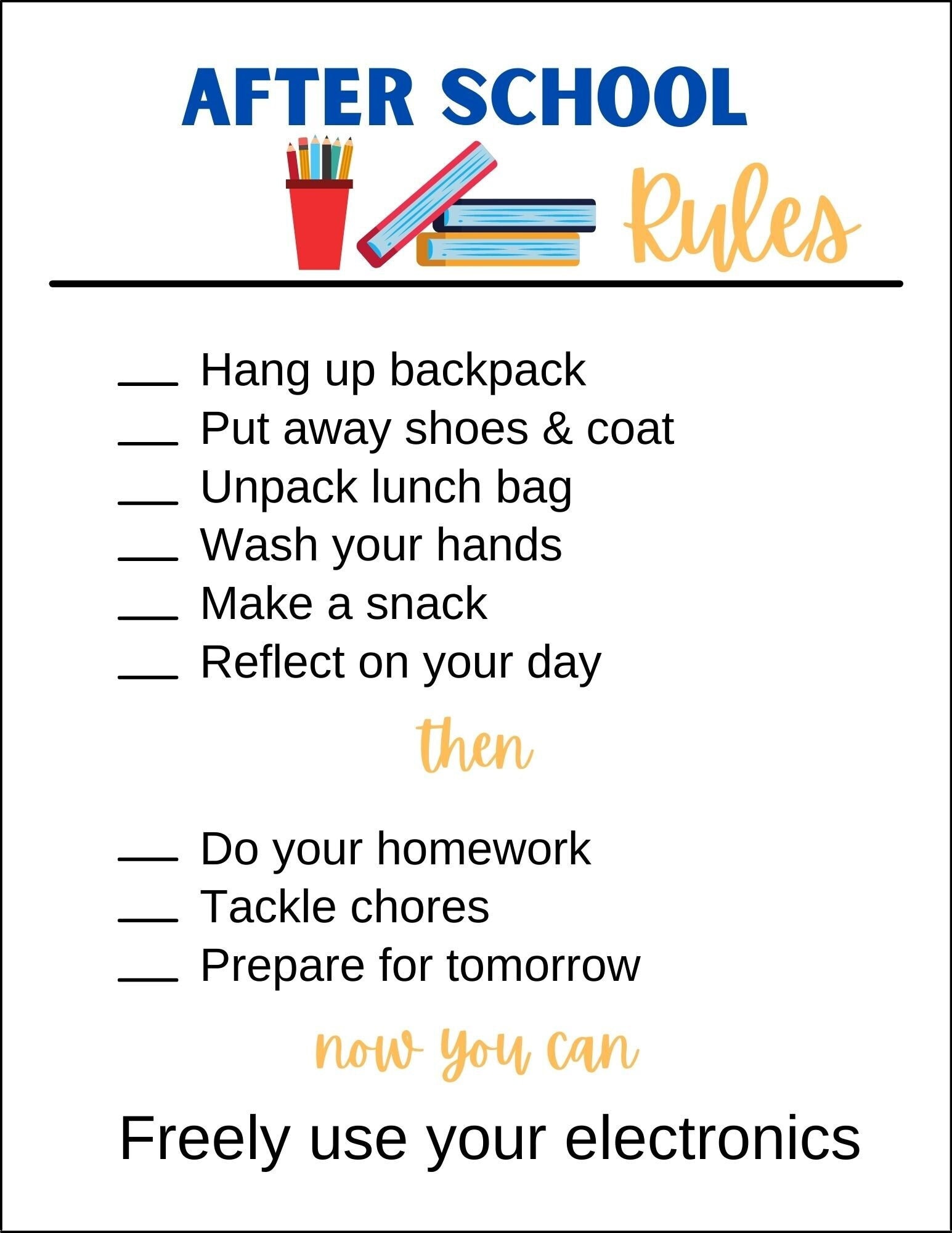 After School Rules Routine Checklist Kids Editable Print Digital ...