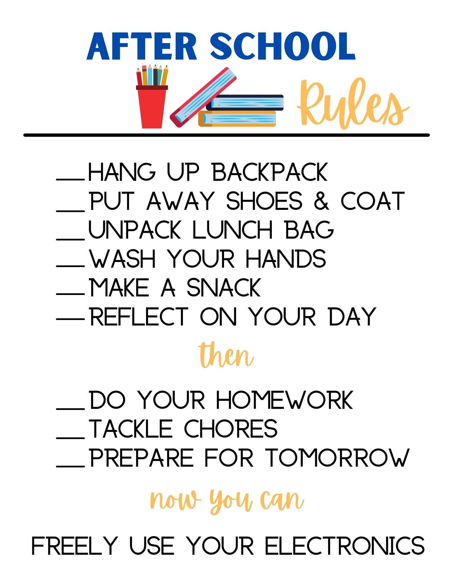 After School Rules Routine Checklist Kids Teens | Etsy