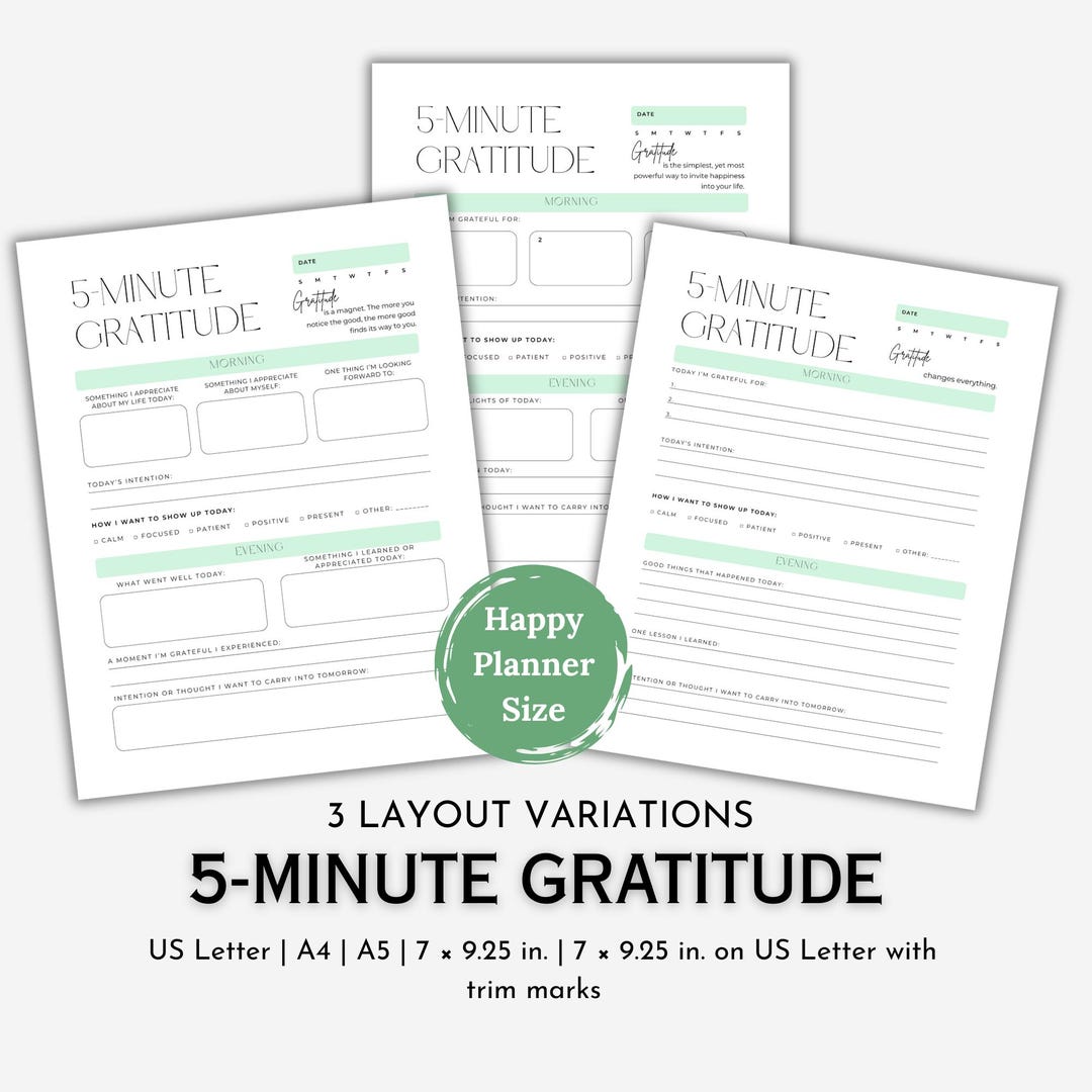 5 Minute Gratitude Journal Page Printable PDF | Morning & Evening ...