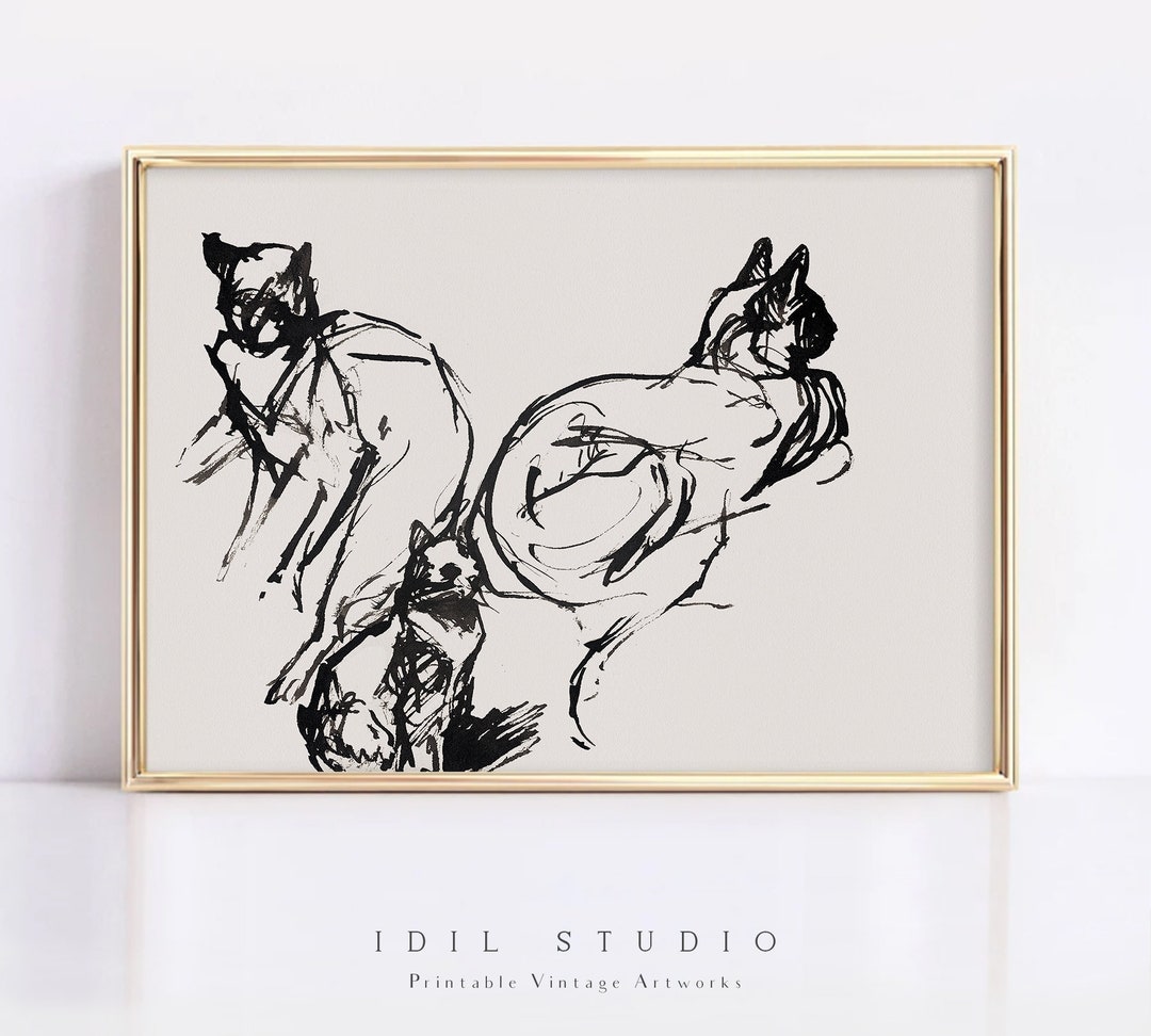 Vintage Cat Sketch | Rustic Cats Line Art Drawing | Antique Black and ...