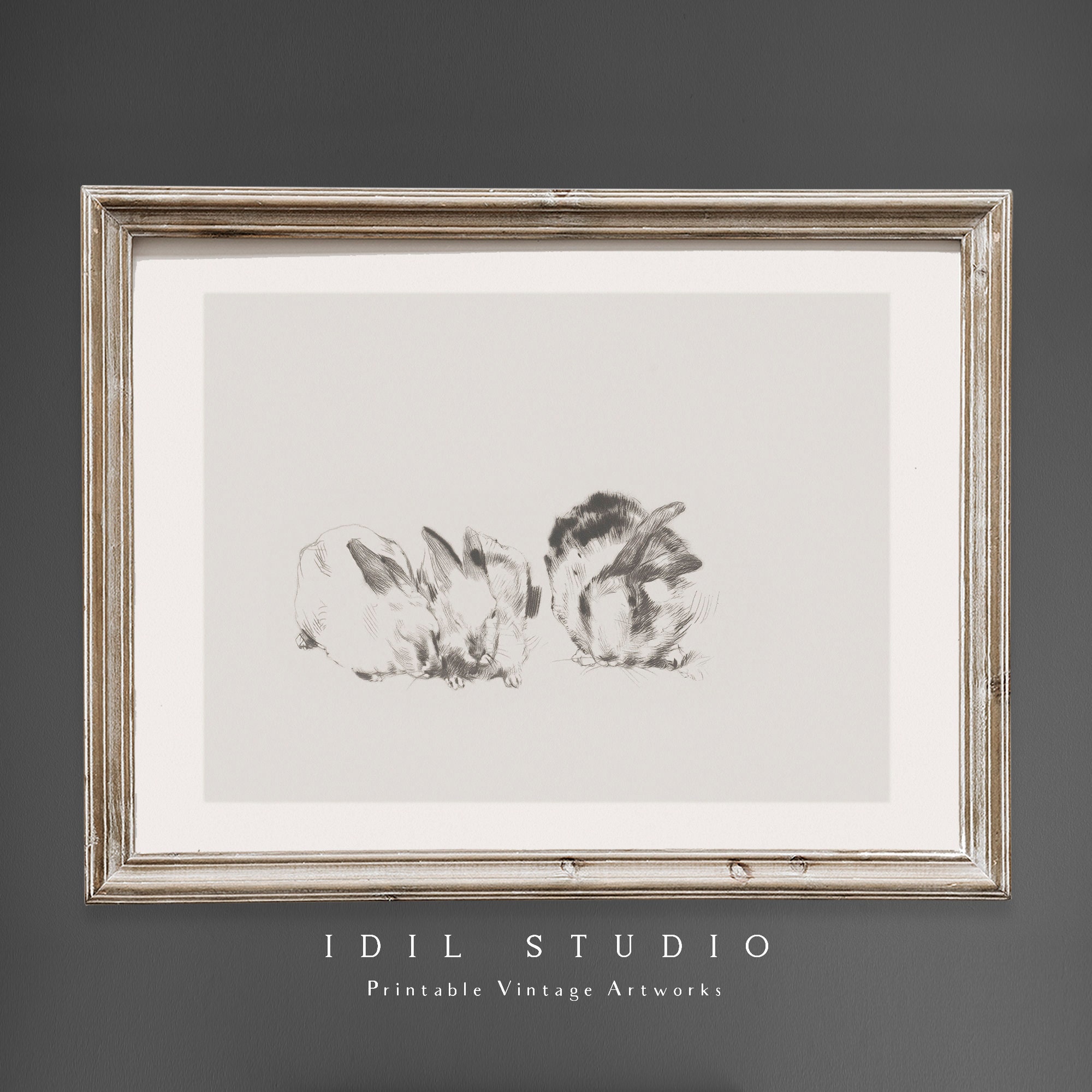 Antique Rabbit Sketch Set of 2 Vintage Easter Bunny Drawing Rustic ...