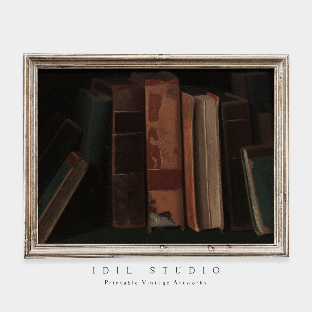 Antique Home Office Decor | Vintage Library Bookshelf Painting | Rustic ...