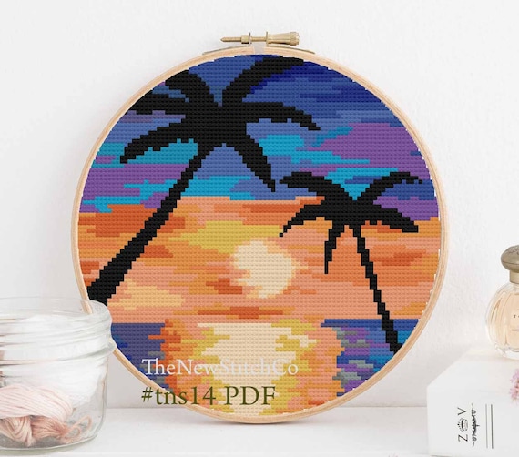 Easy Landscape Cross Stitch Pattern Beginner Sunset Tropical | Etsy
