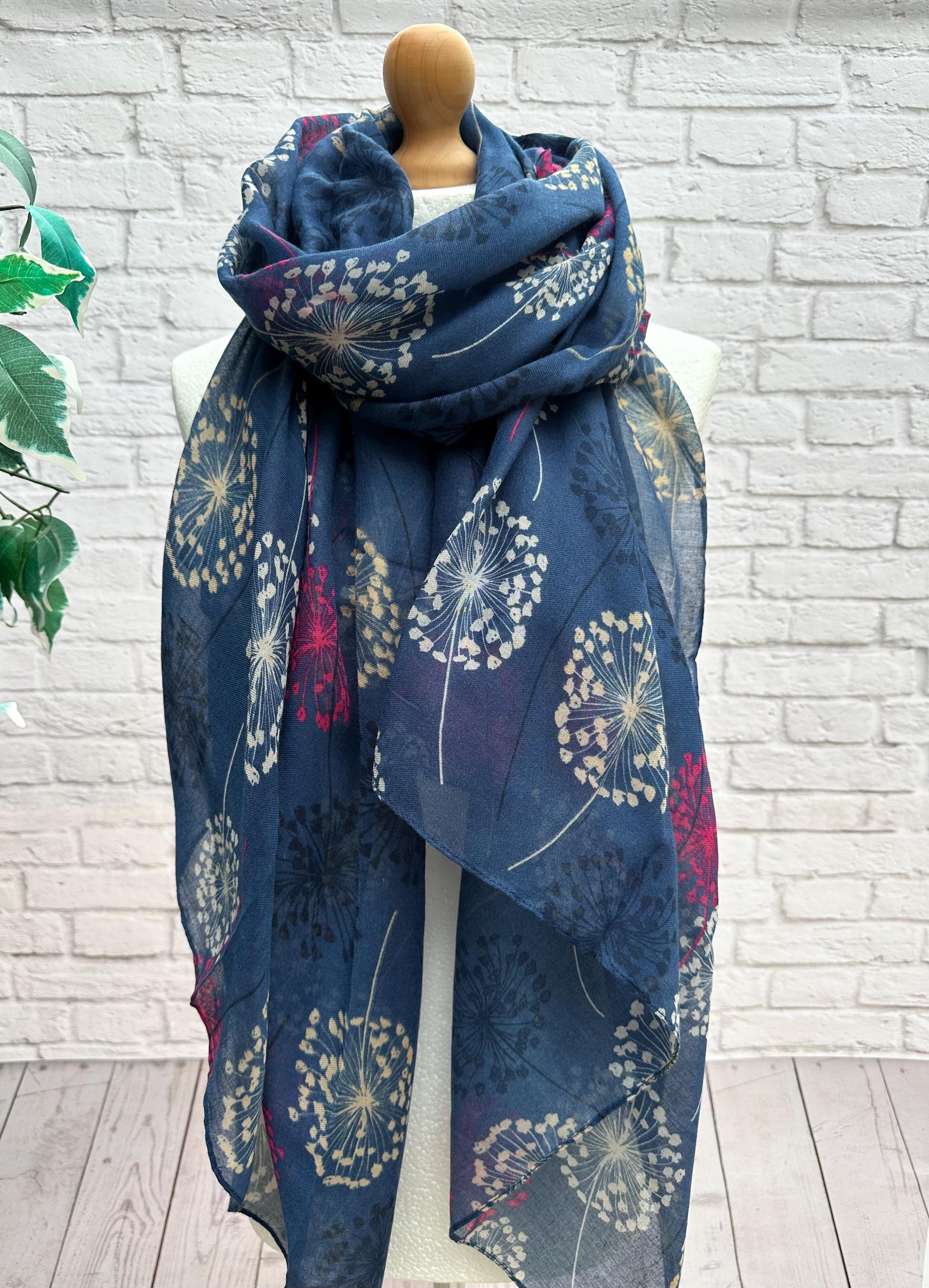 Boxed Ladies Fashion Scarf Dandelion Print - NAVY BLUE, Pink and White ...