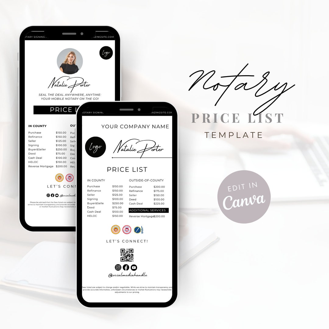 Notary Price List Template, Notary Billing, Notary Marketing Templates ...