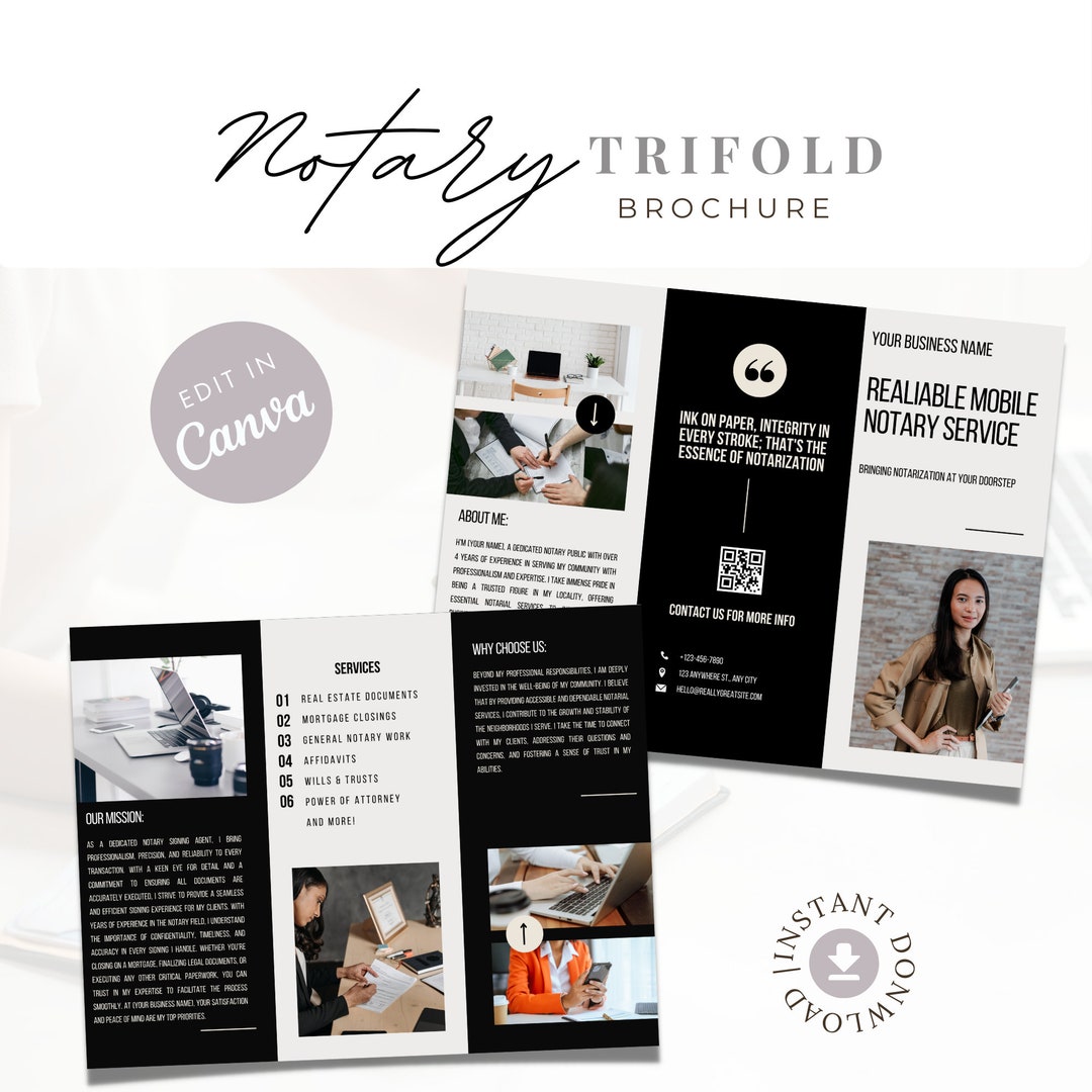Notary Trifold Brochure, Editable Brochure Template, 2 Sided Trifold ...