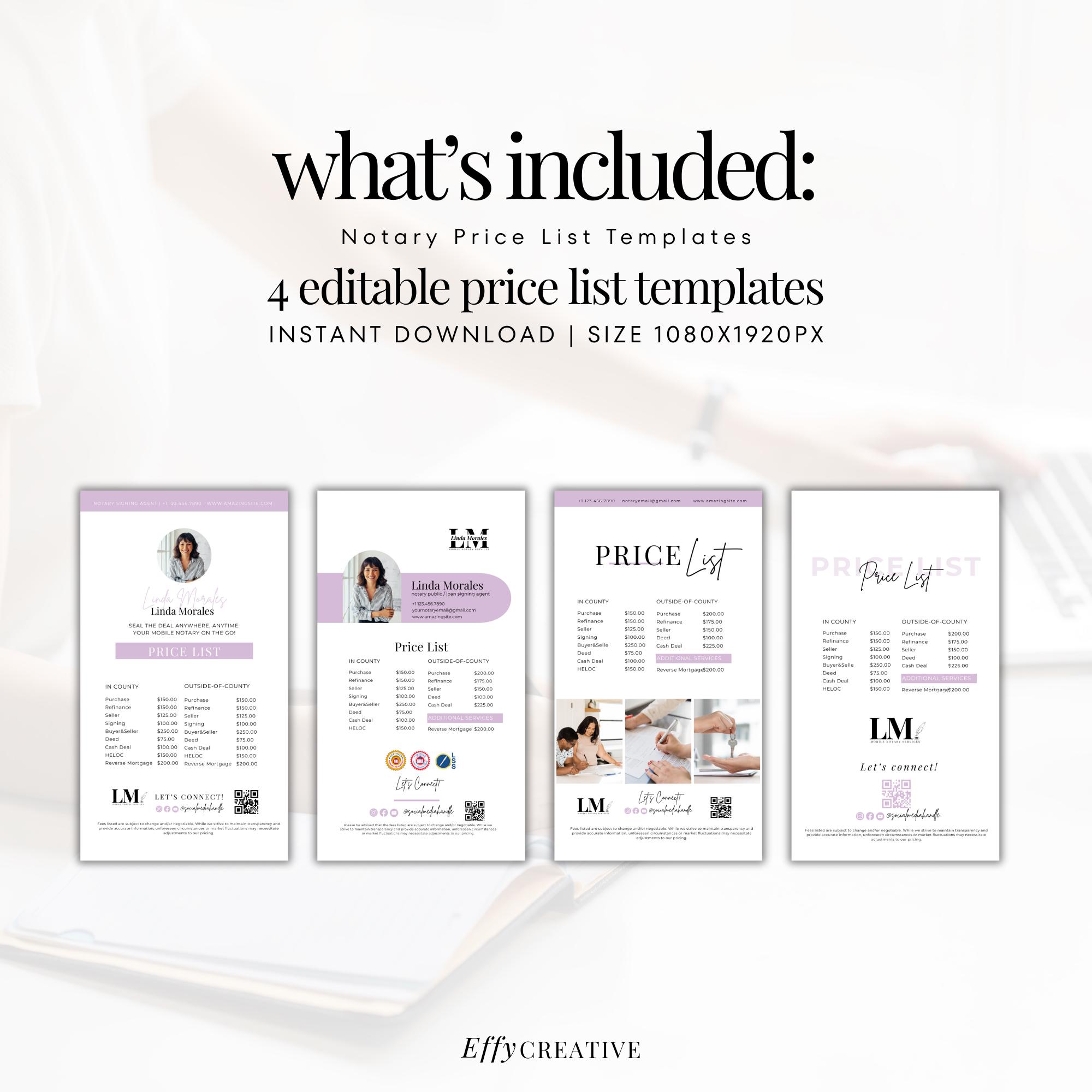 Notary Price List Template: 4 Editable Canva Designs (digital Download ...
