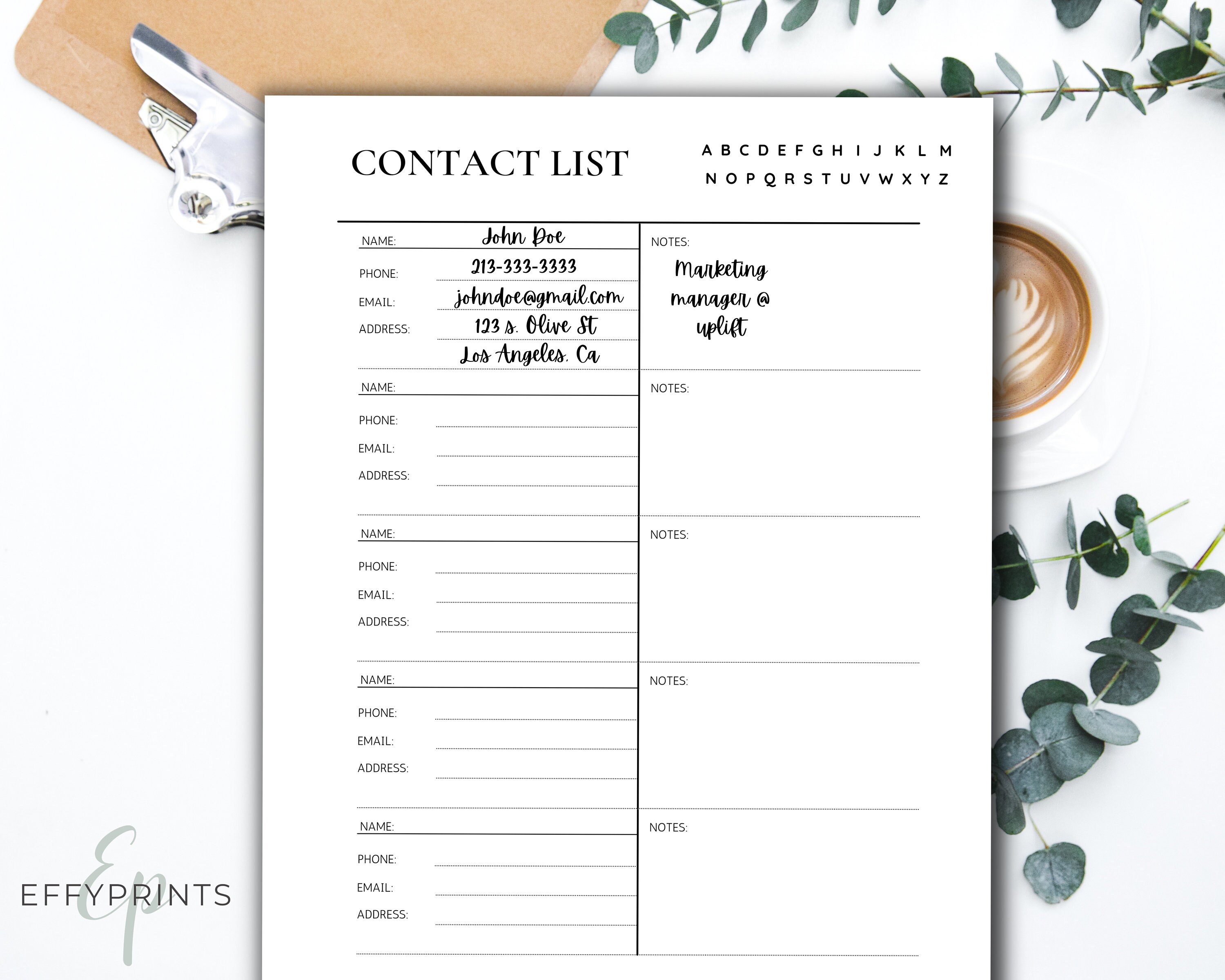 Printable Contact List Planner Insert PDF Print at home | Etsy