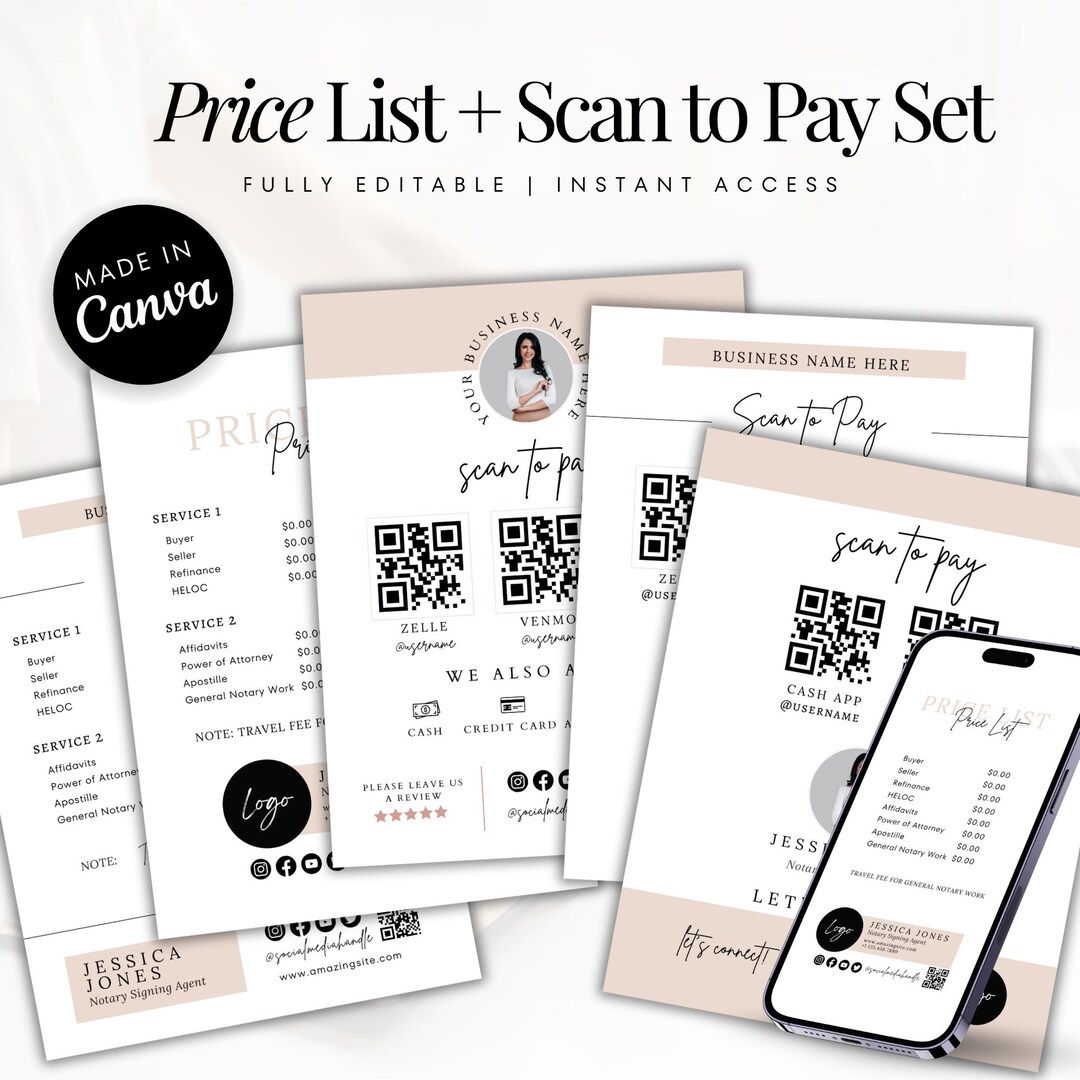 Notary Price List Template: Scan to Pay, QR Code Canva Template | Loan ...