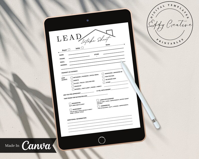 Lead Intake Sheet Lead Tracker Client Tracker Printable - Etsy