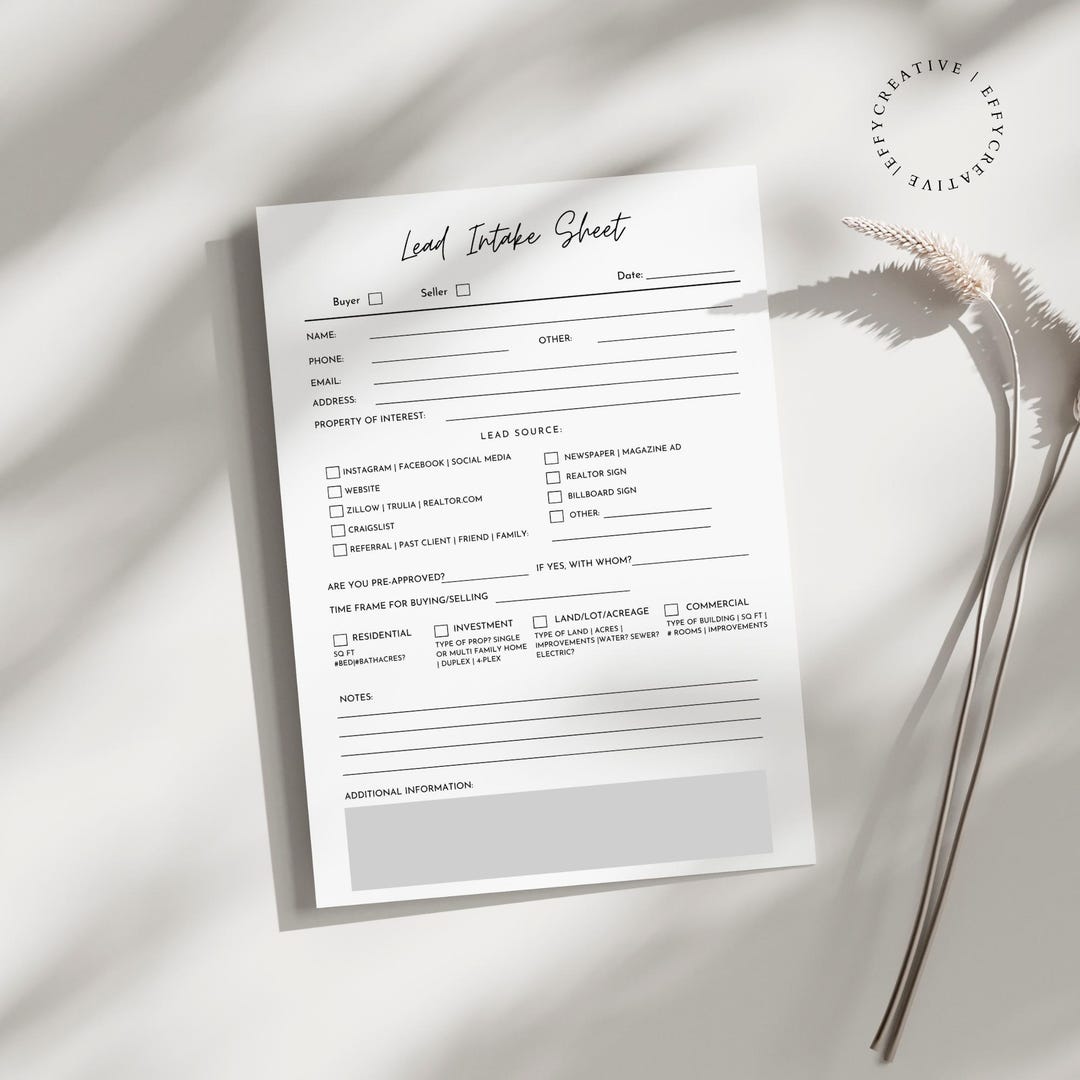 Printable Lead Intake Form for Realtors & Service Professionals | Client Information Sheet | US ...