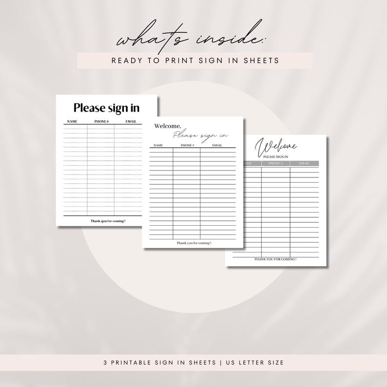 Printable Sign-in Sheet: 3 Unique Designs (US Letter Size) (digital ...