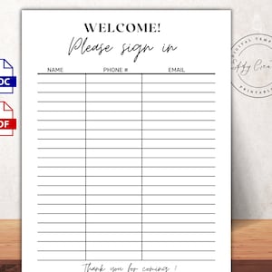 Fillable Sign in Sheet, Printable Welcome Sheet, Sign in Template ...