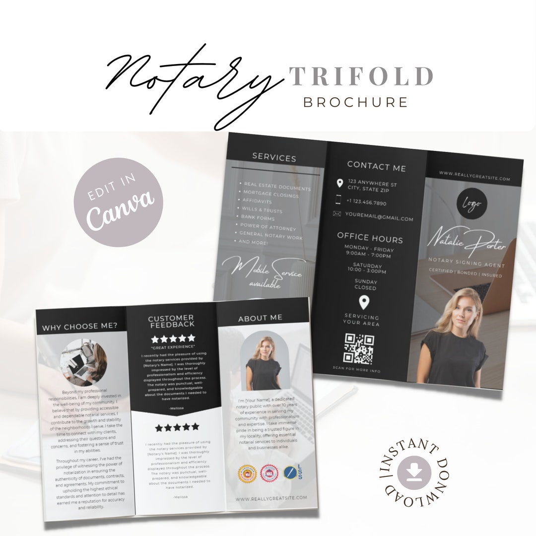 Notary Trifold Brochure, Editable Brochure Template, 2 Sided Trifold ...