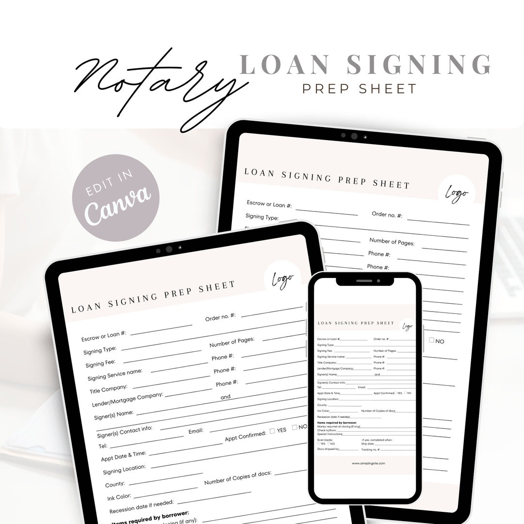 Notary Checklist Template Loan Signing Agent Prep Sheet Notary Client ...