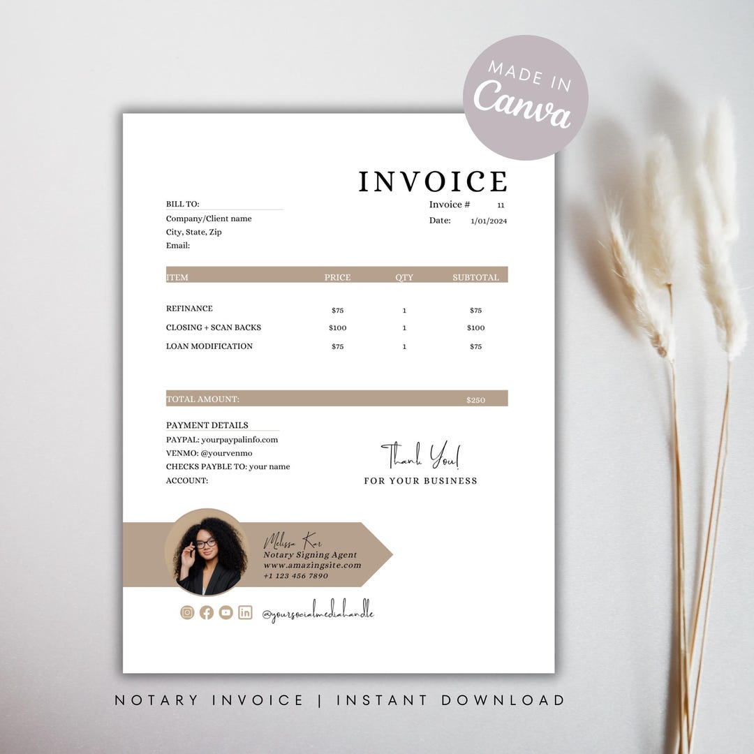 Notary Invoice Template: Canva Editable, Loan Signing Agents (digital ...