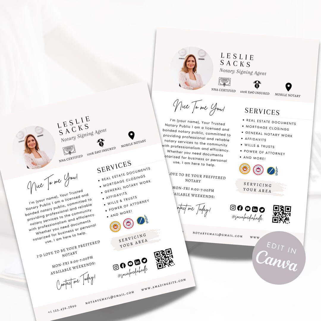Notary Introduction Flyer Template Editable Canva Template for Notaries ...