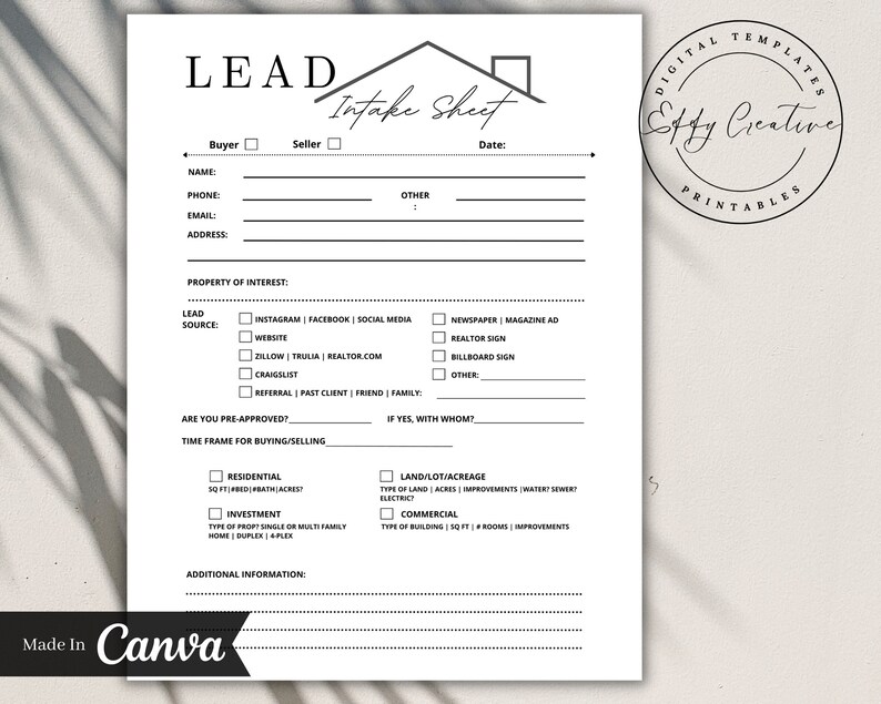 Lead Intake Sheet Lead Tracker Client Tracker Printable - Etsy
