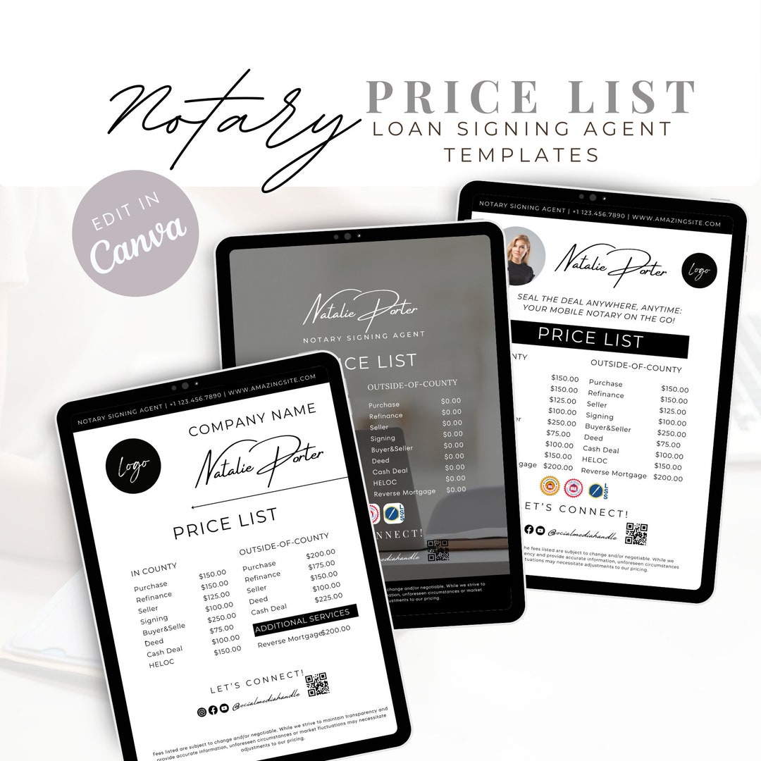 Preisliste für Notare, Preisliste für Kreditunterzeichner, Marketingvorlagen für Notare ...