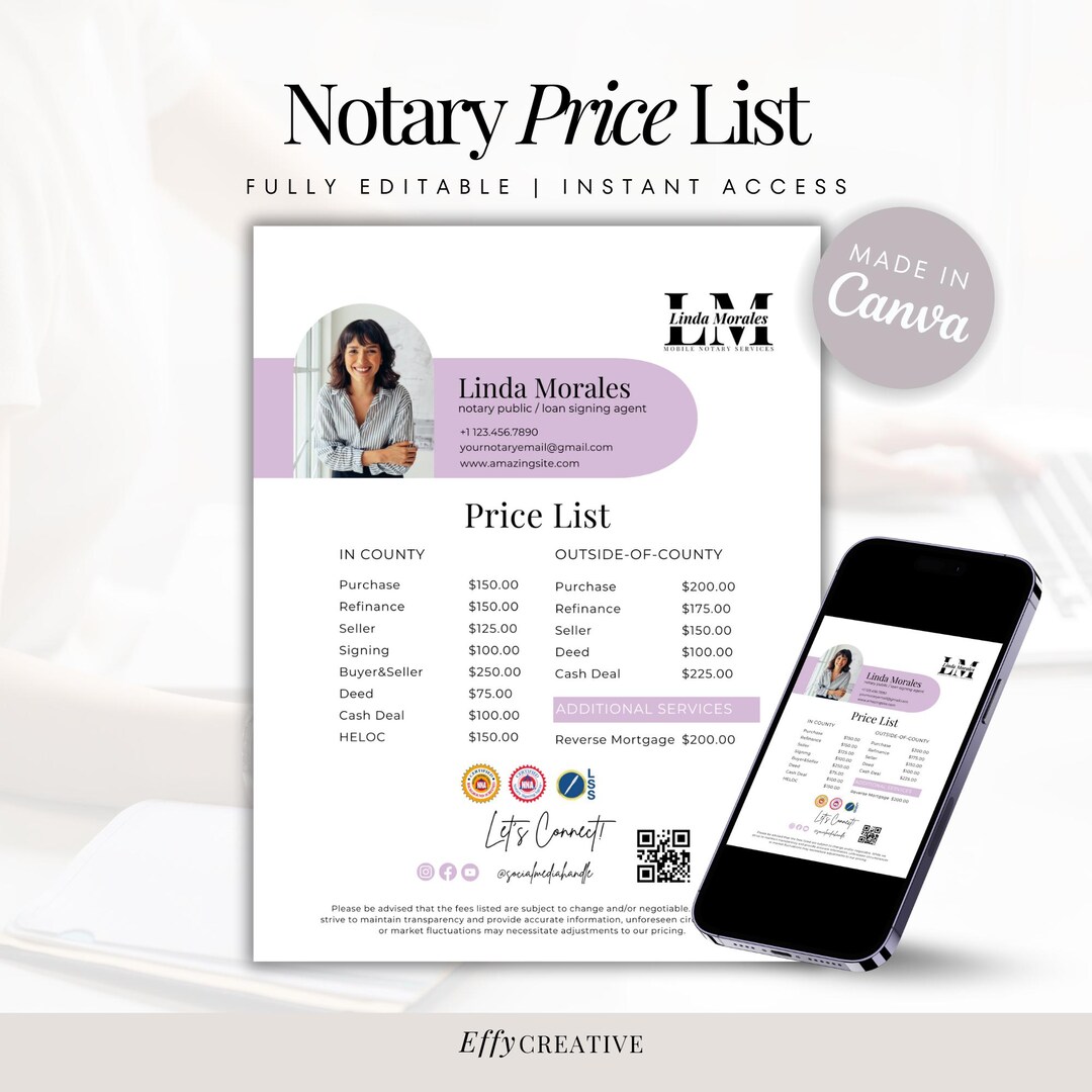 Editable Notary Price List Template: Canva Loan Signing Agent Pricing ...