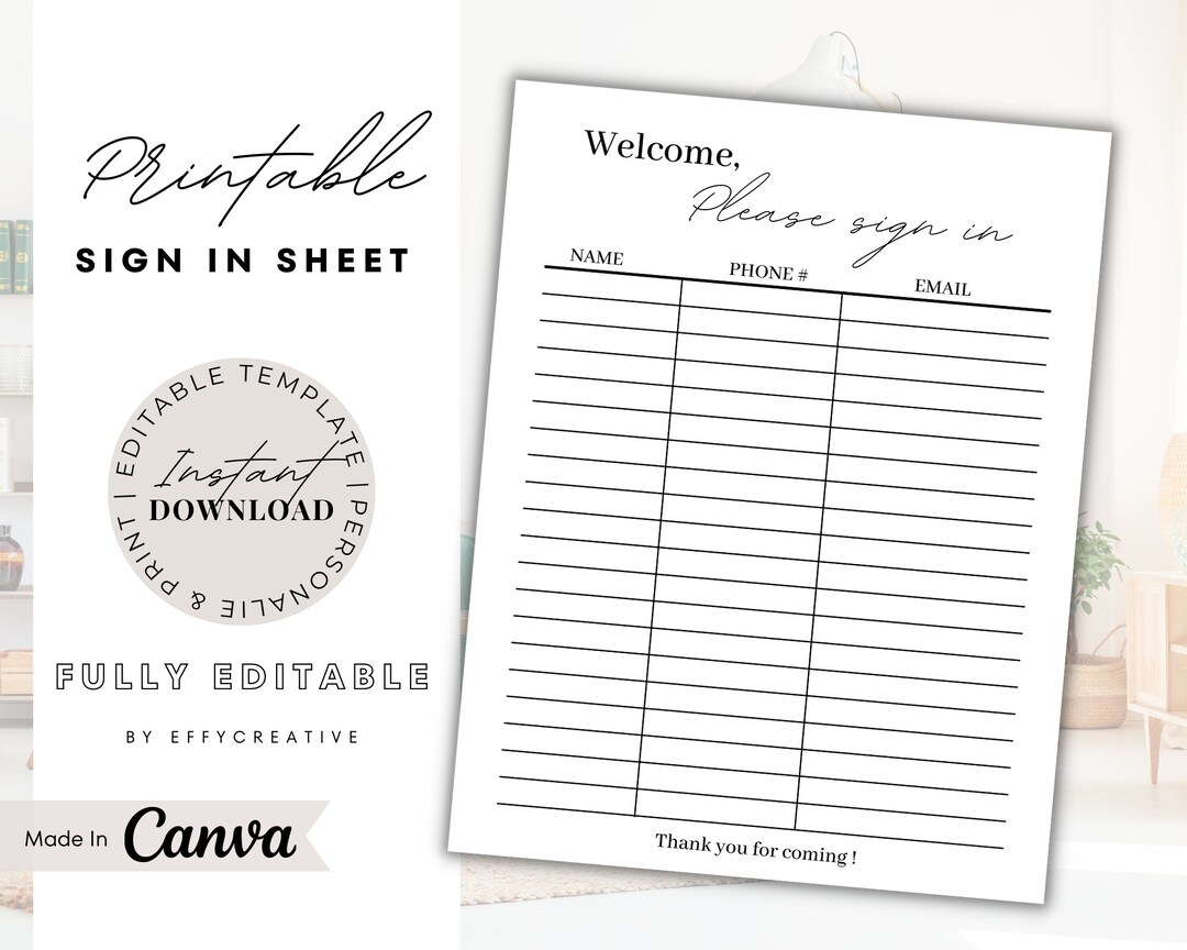 Sign In Sheet Printable Sign Up Sheet Event Sign In Sheet Etsy