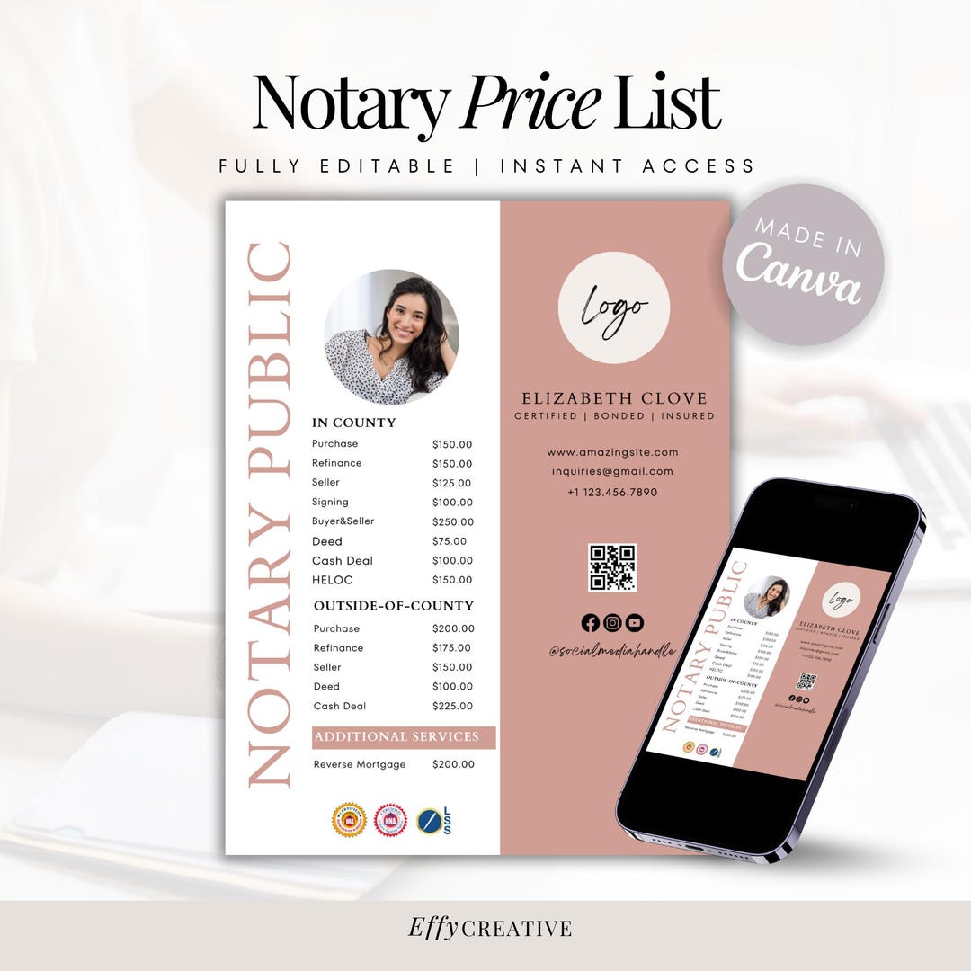 Notary Price List Template Editable Canva Notary Templates Loan Signing ...
