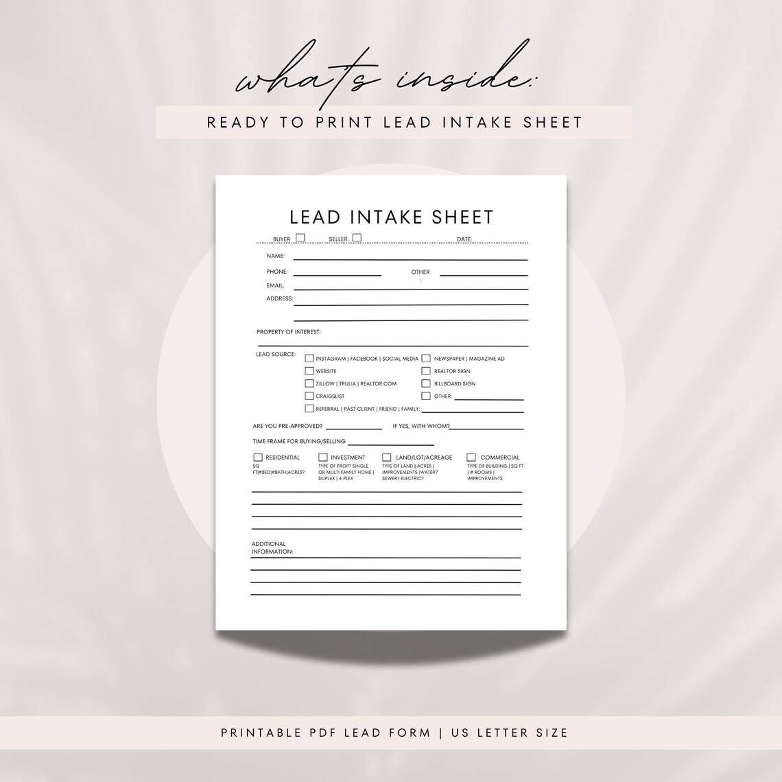 Printable Lead Intake Form for Realtors & Service Professionals ...