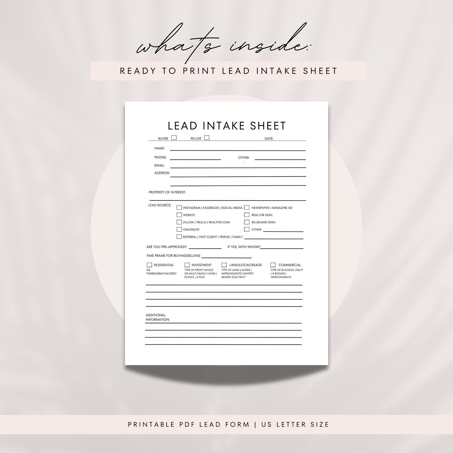 Printable Lead Intake Form for Realtors & Service Professionals ...
