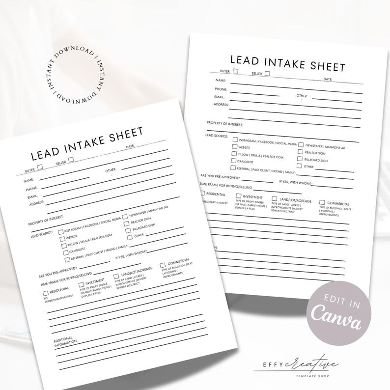 Printable Lead Intake Form for Realtors & Service Professionals ...