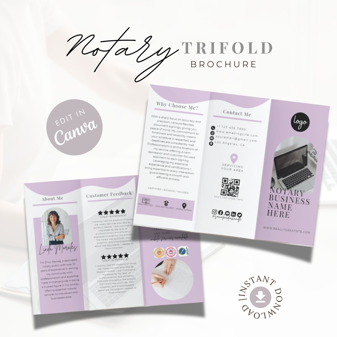 Notary Trifold Brochure, Editable Brochure Template, 2 Sided Trifold ...